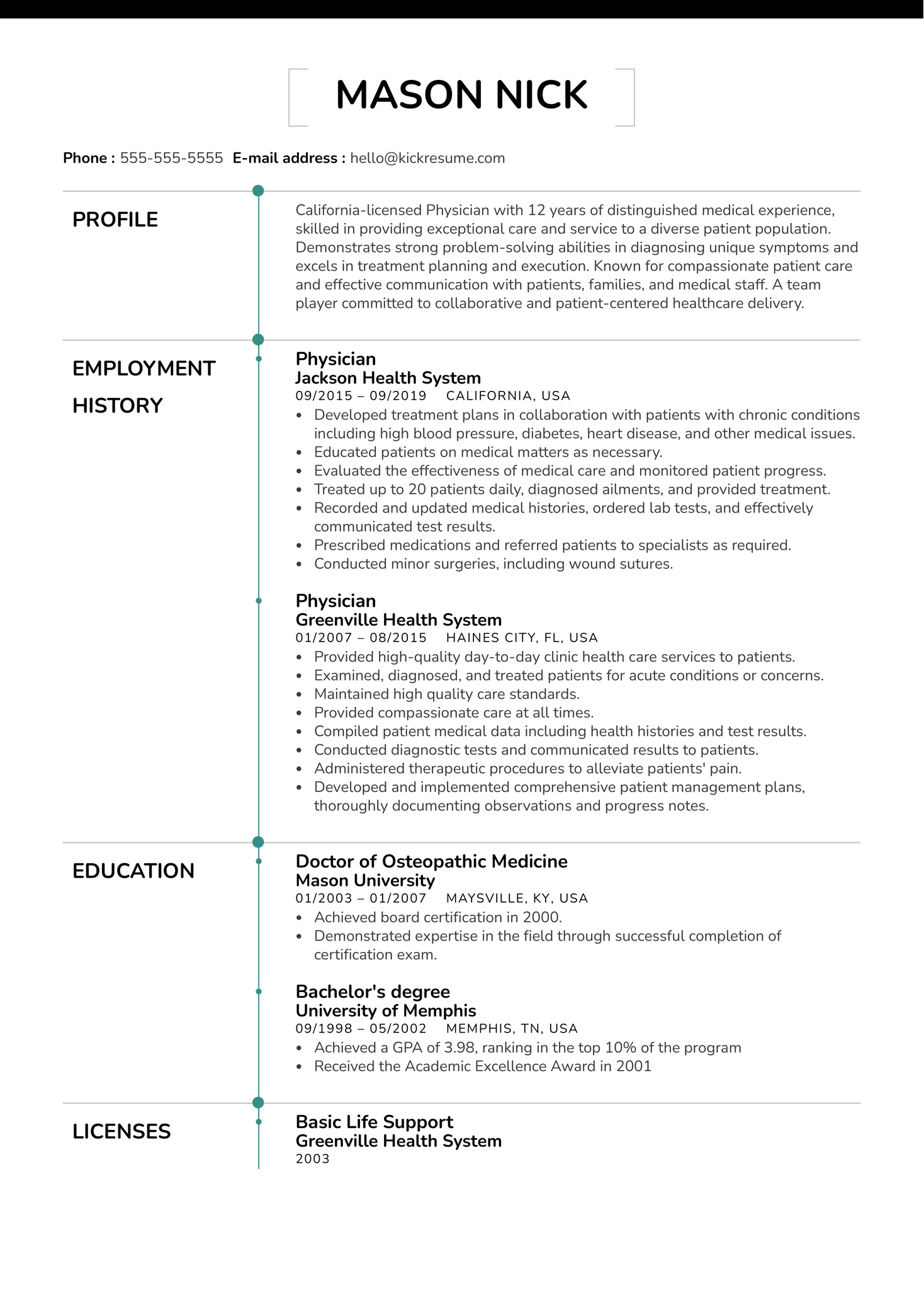 Physician Resume Example Kickresume Riset