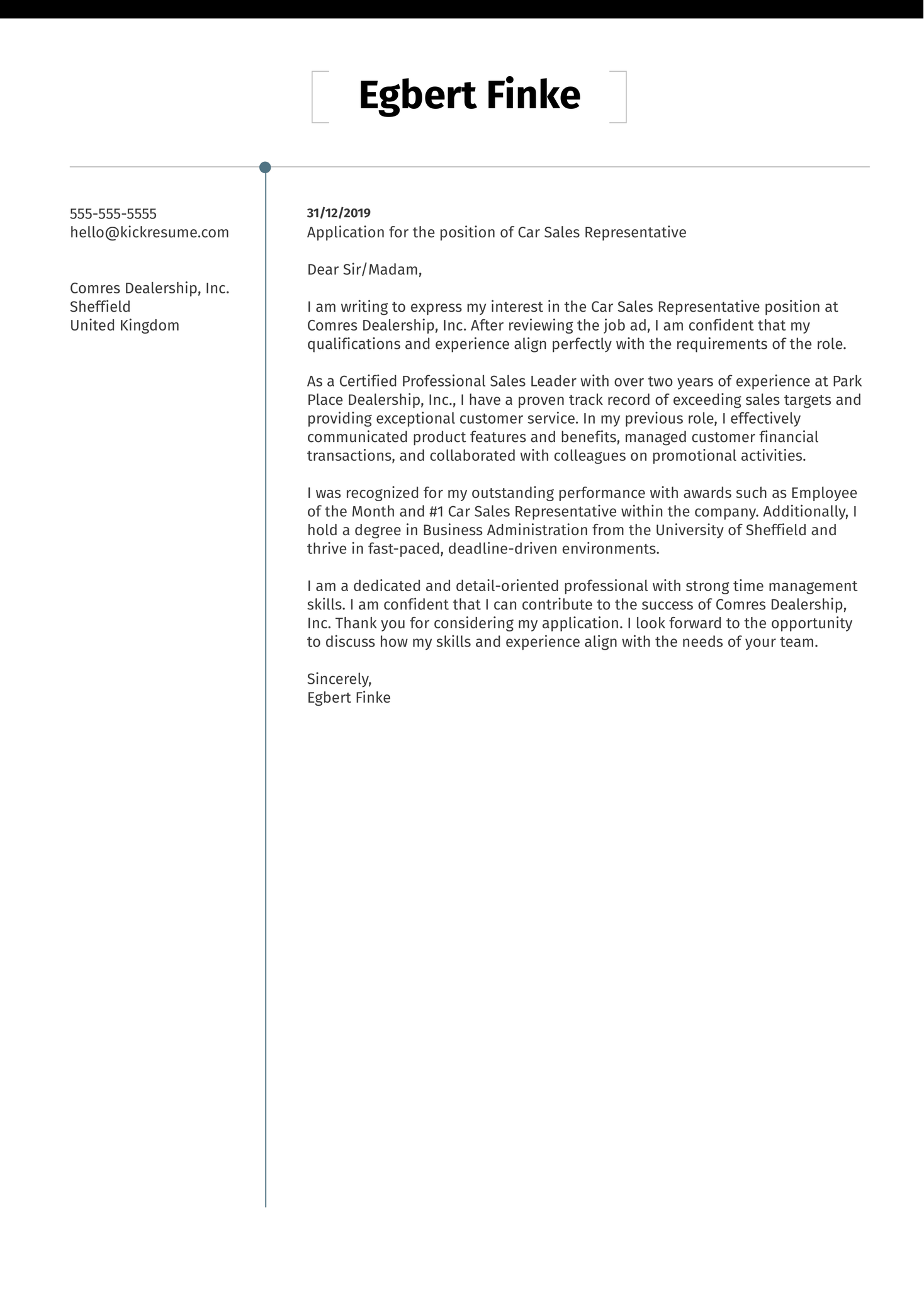 Car Sales Representative Cover Letter Sample Kickresume Car Sales Representative Cover Letter Sample Kickresume