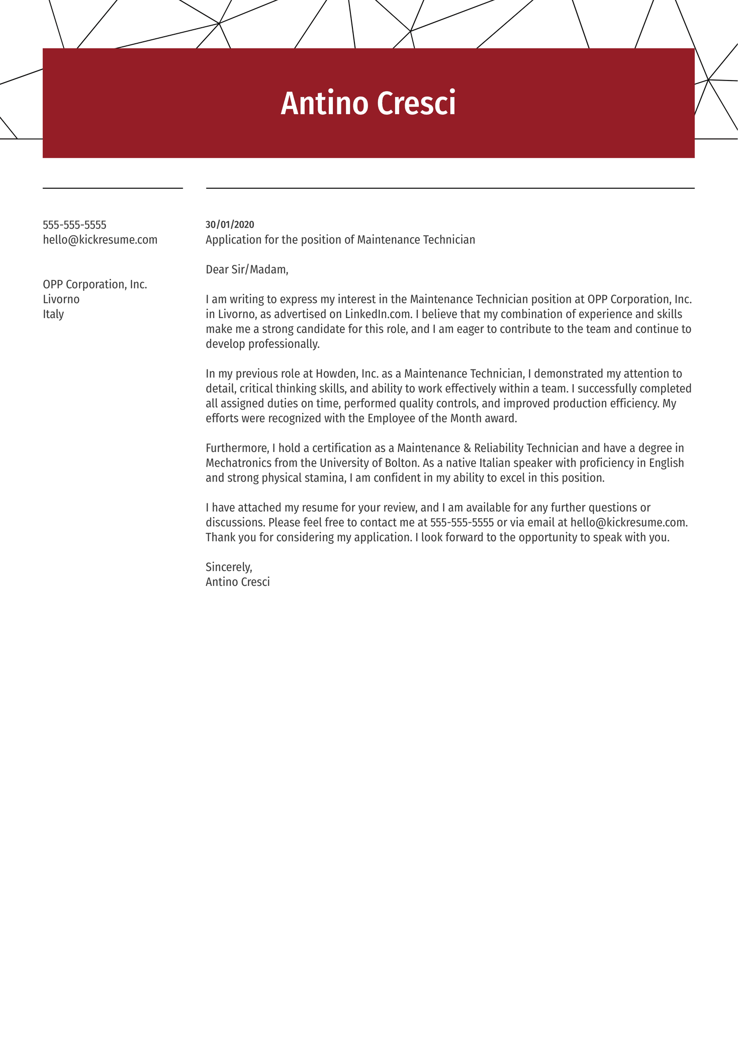 Maintenance Technician Cover Letter Example Kickresume
