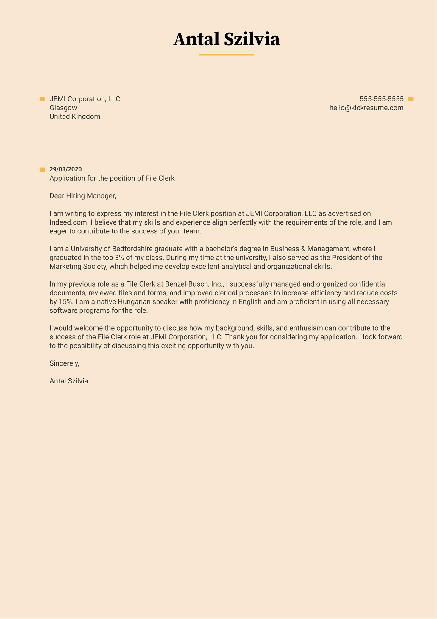 File Clerk Cover Letter Sample Kickresume