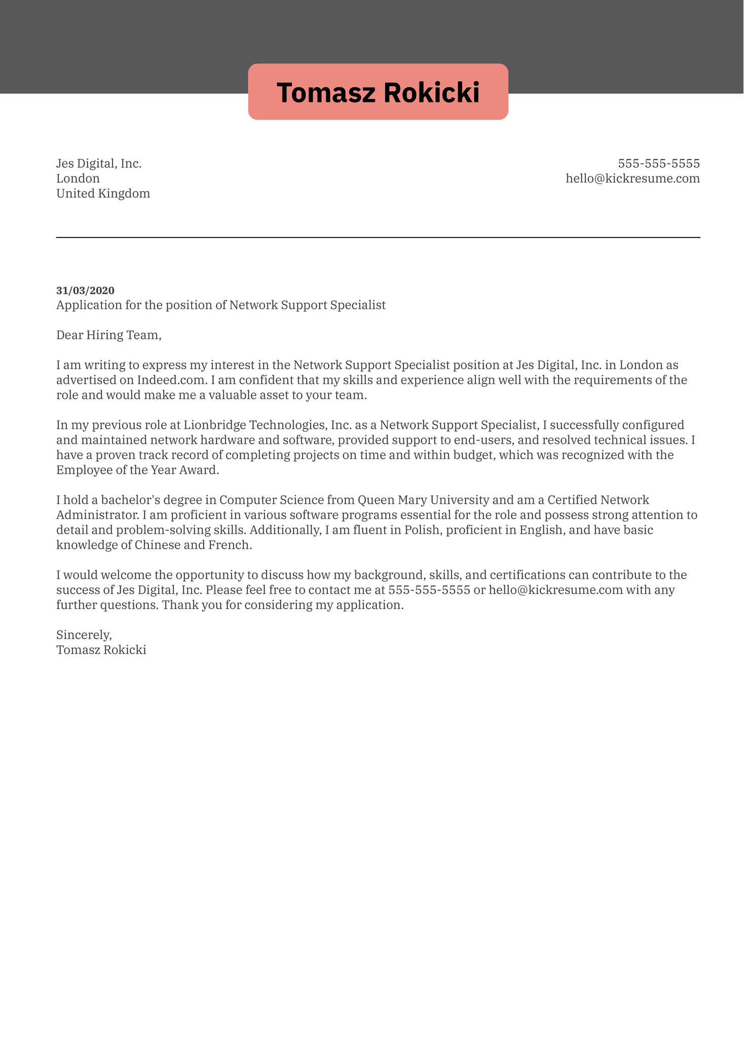 Network Support Specialist Cover Letter Example Kickresume