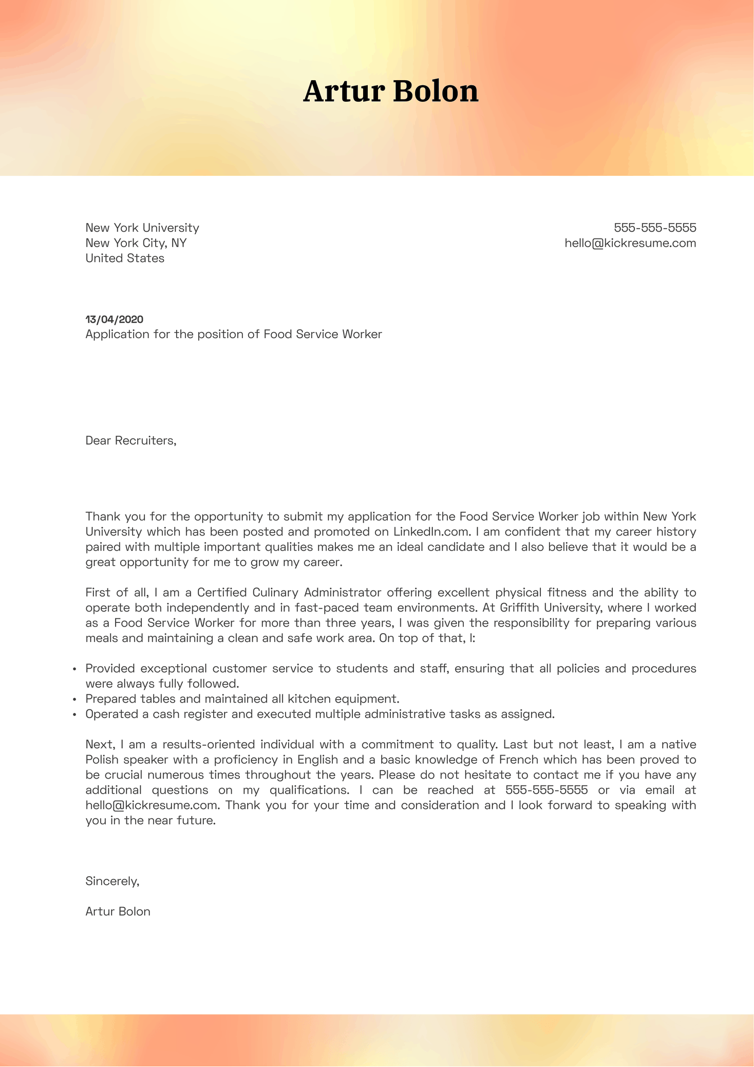Food Service Worker Cover Letter Sample Kickresume Food Service Worker Cover Letter Sample Kickresume