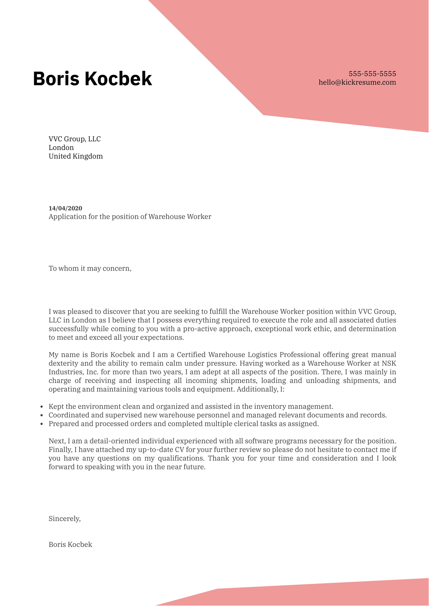Warehouse Worker Cover Letter Sample Kickresume