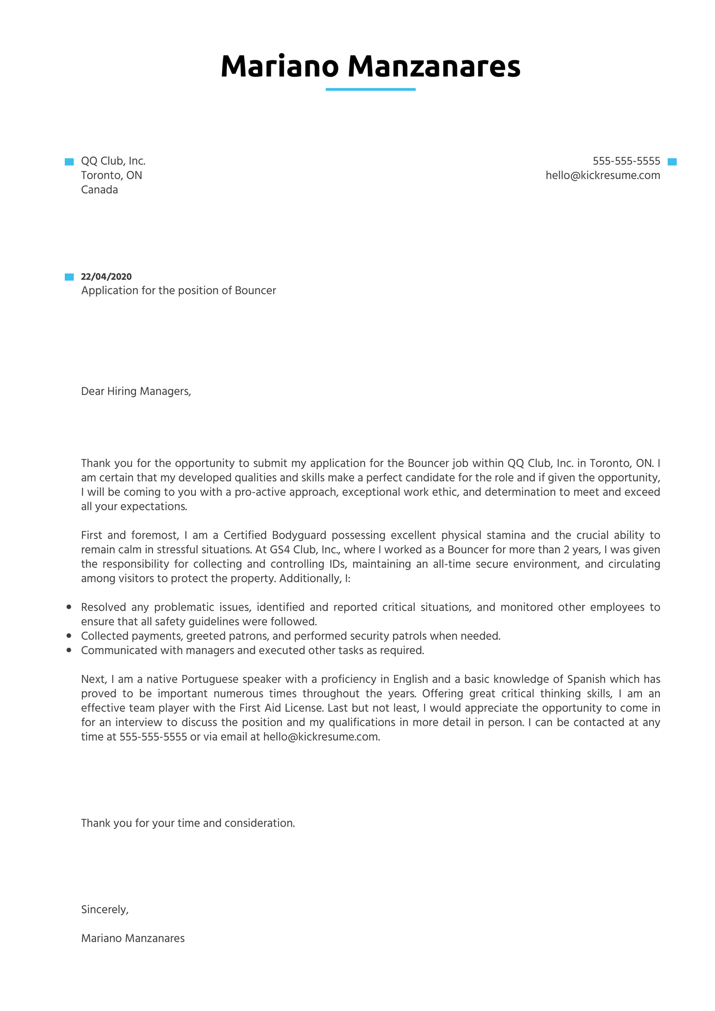 Bouncer Cover Letter Sample Kickresume