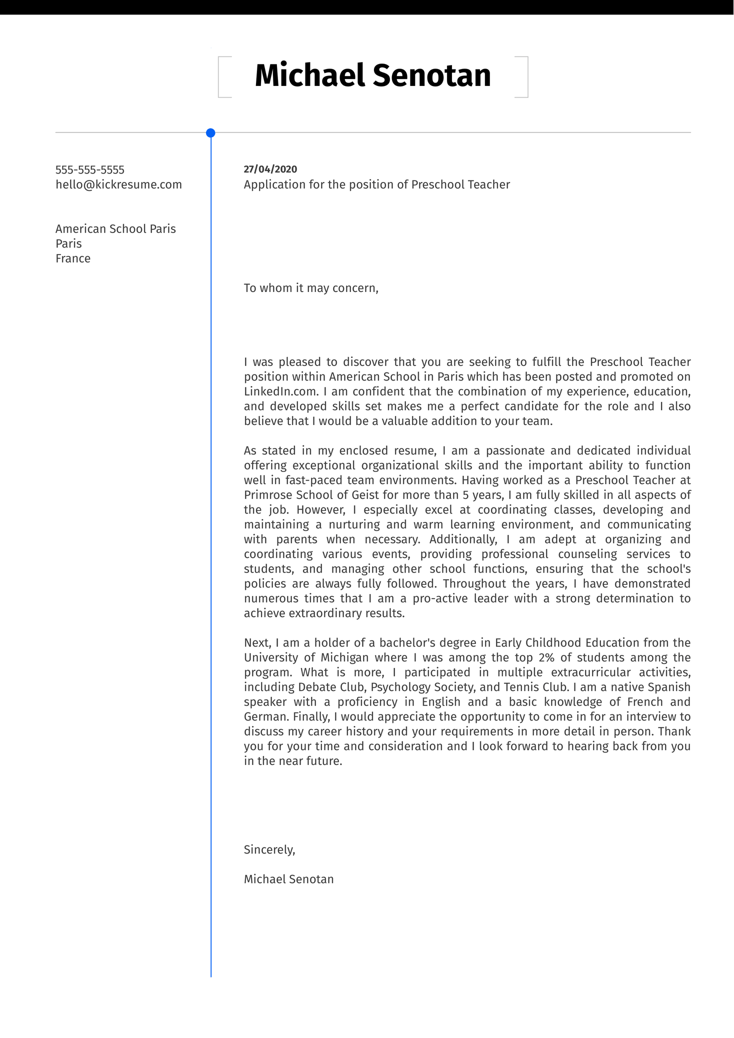 Preschool Teacher Cover Letter Example Kickresume Preschool Teacher Cover Letter Example Kickresume