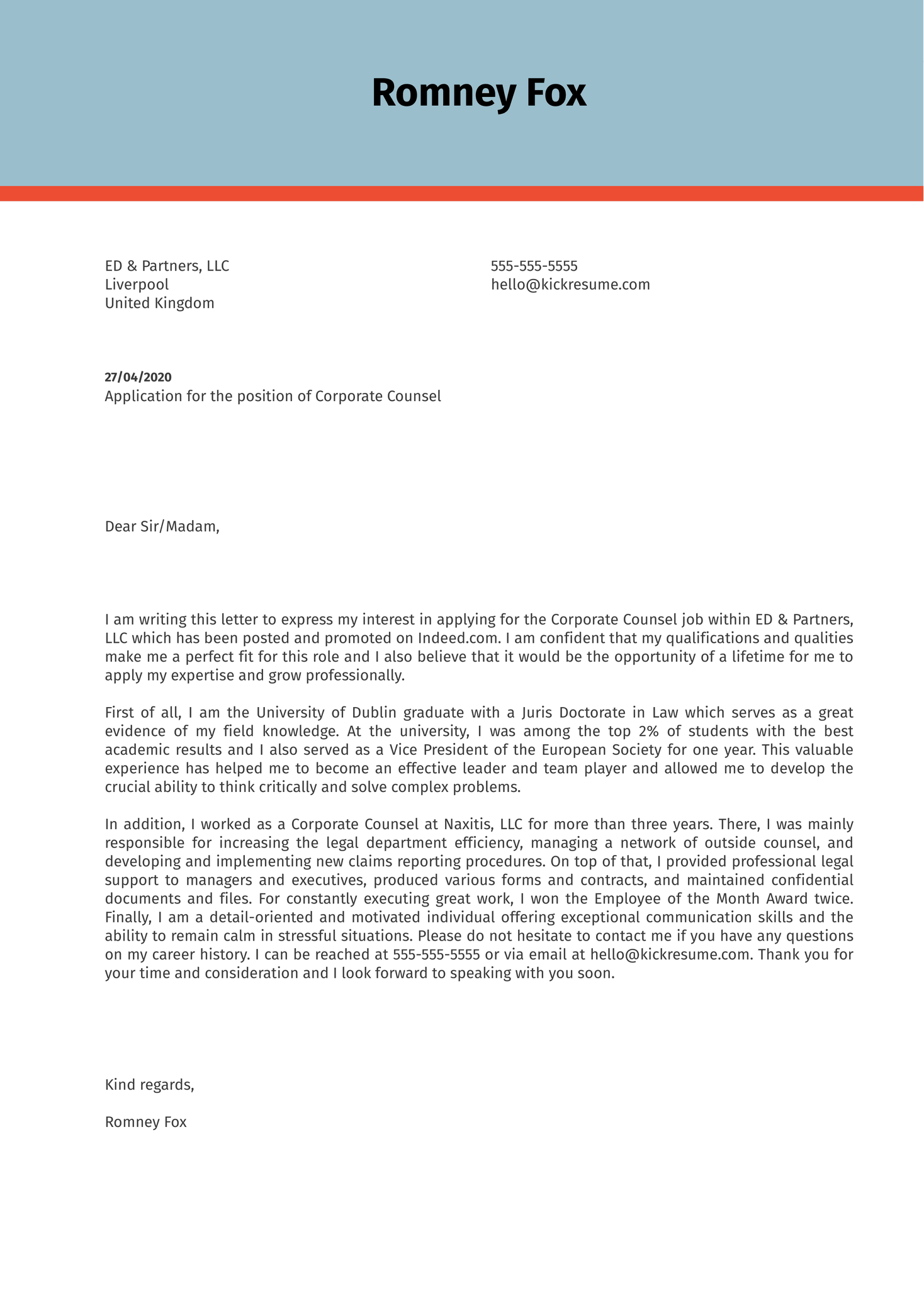 Corporate Counsel Cover Letter Sample Kickresume Corporate Counsel Cover Letter Sample Kickresume