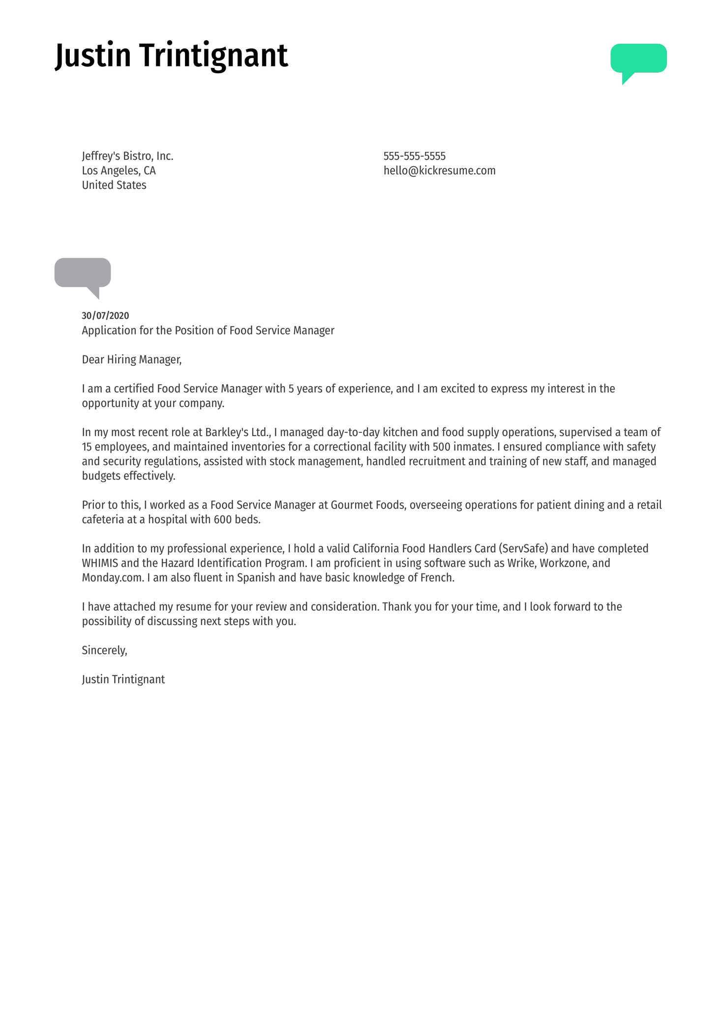Restaurant Supervisor Cover Letter Sample
