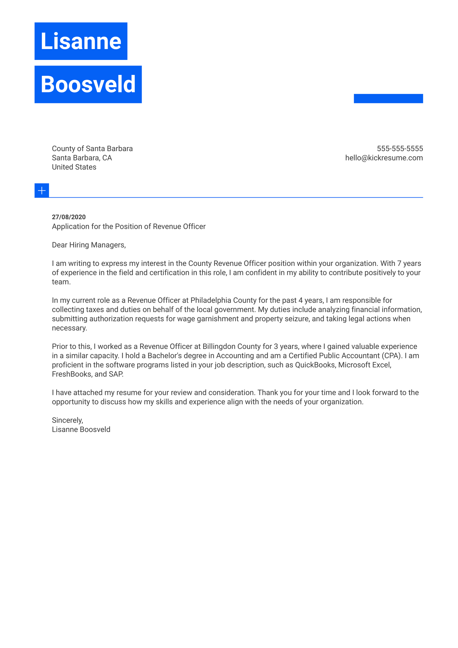 Revenue Officer Cover Letter Sample Kickresume