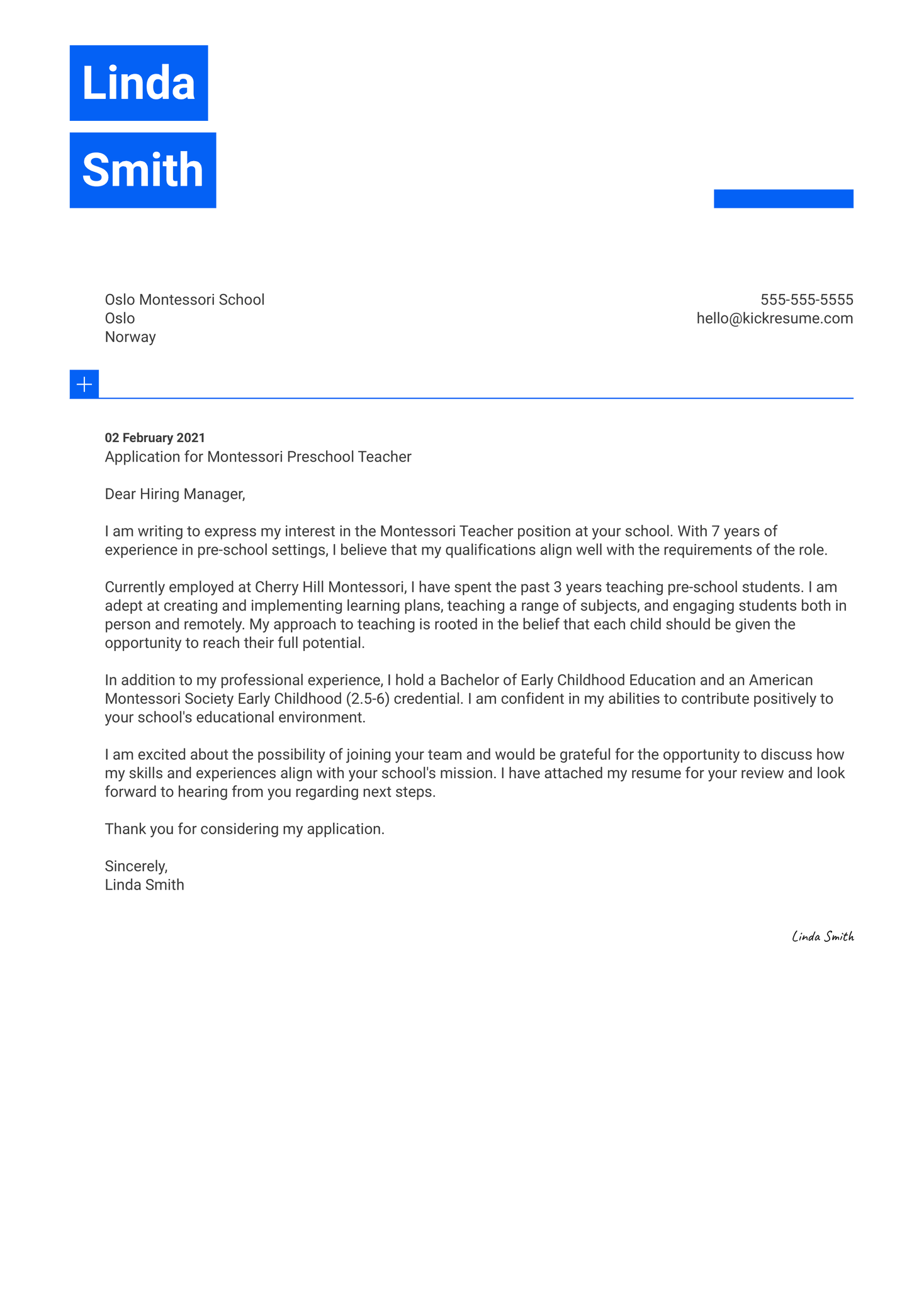 Montessori Preschool Teacher Cover Letter Template Kickresume Montessori Preschool Teacher Cover Letter Template Kickresume