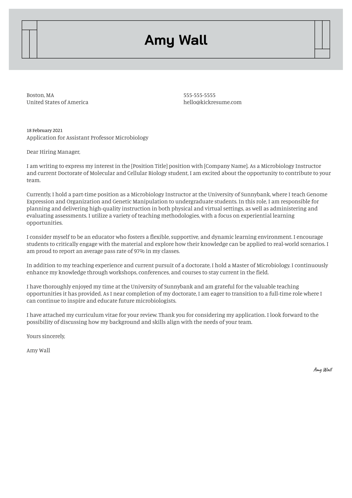 Assistant Professor Microbiology Cover Letter Sample Kickresume