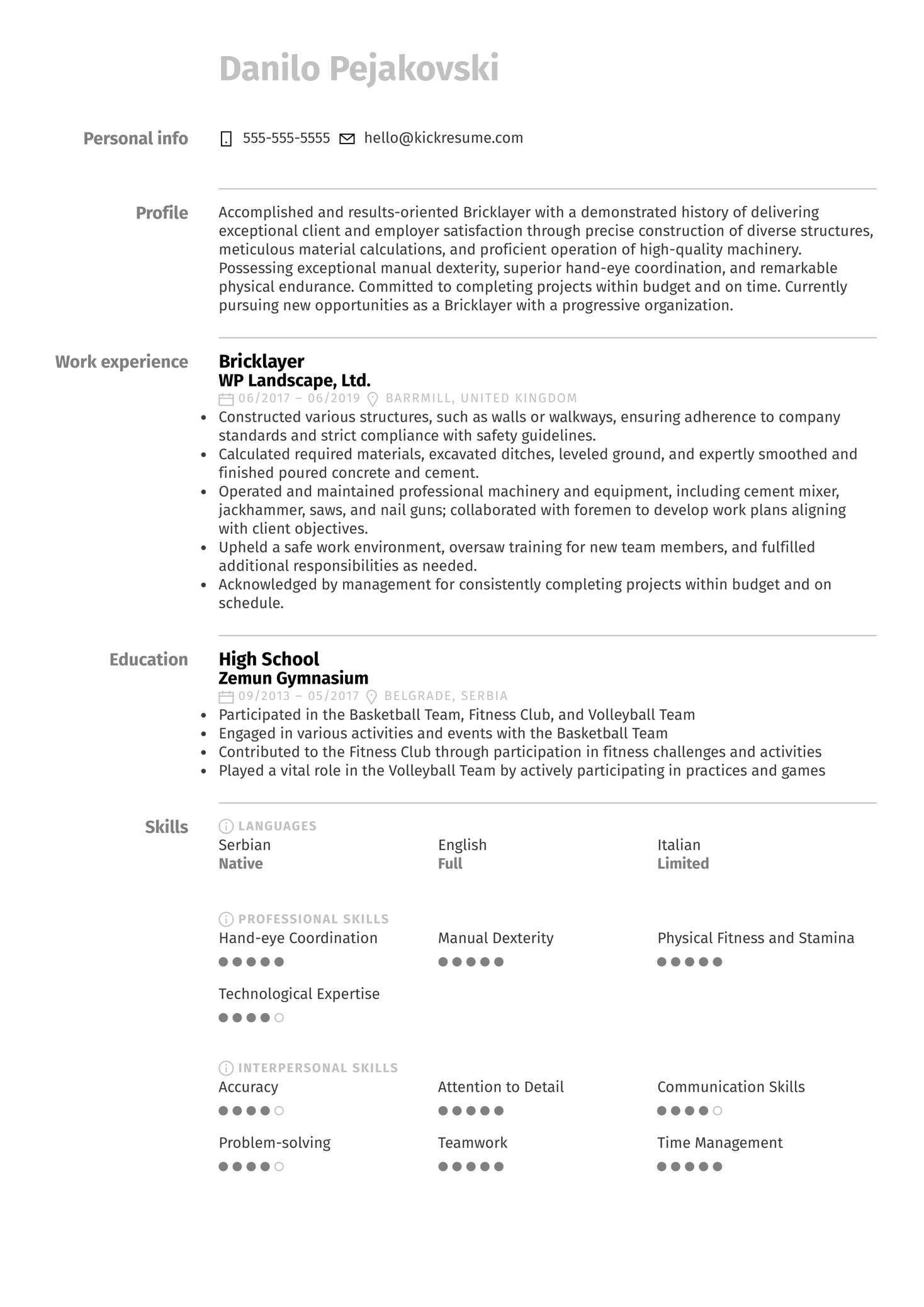 Bricklayer Resume Sample Kickresume